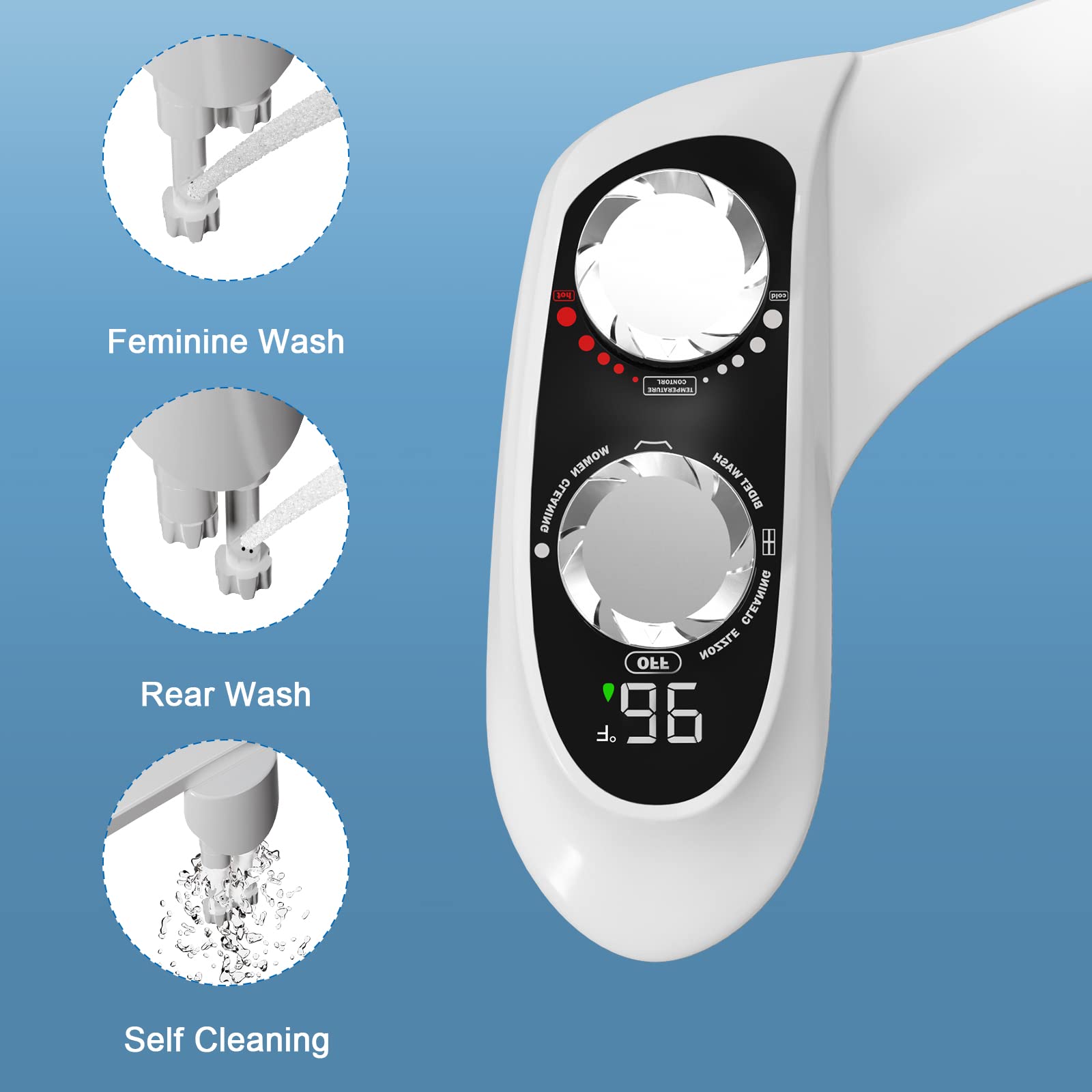 Bidet Toilet Attachment w/Digital Display Temperature, Adjustable Cool to Warm Water, Non-Electric Self Cleaning Dual Retractable Nozzles for Rear & Feminine Wash