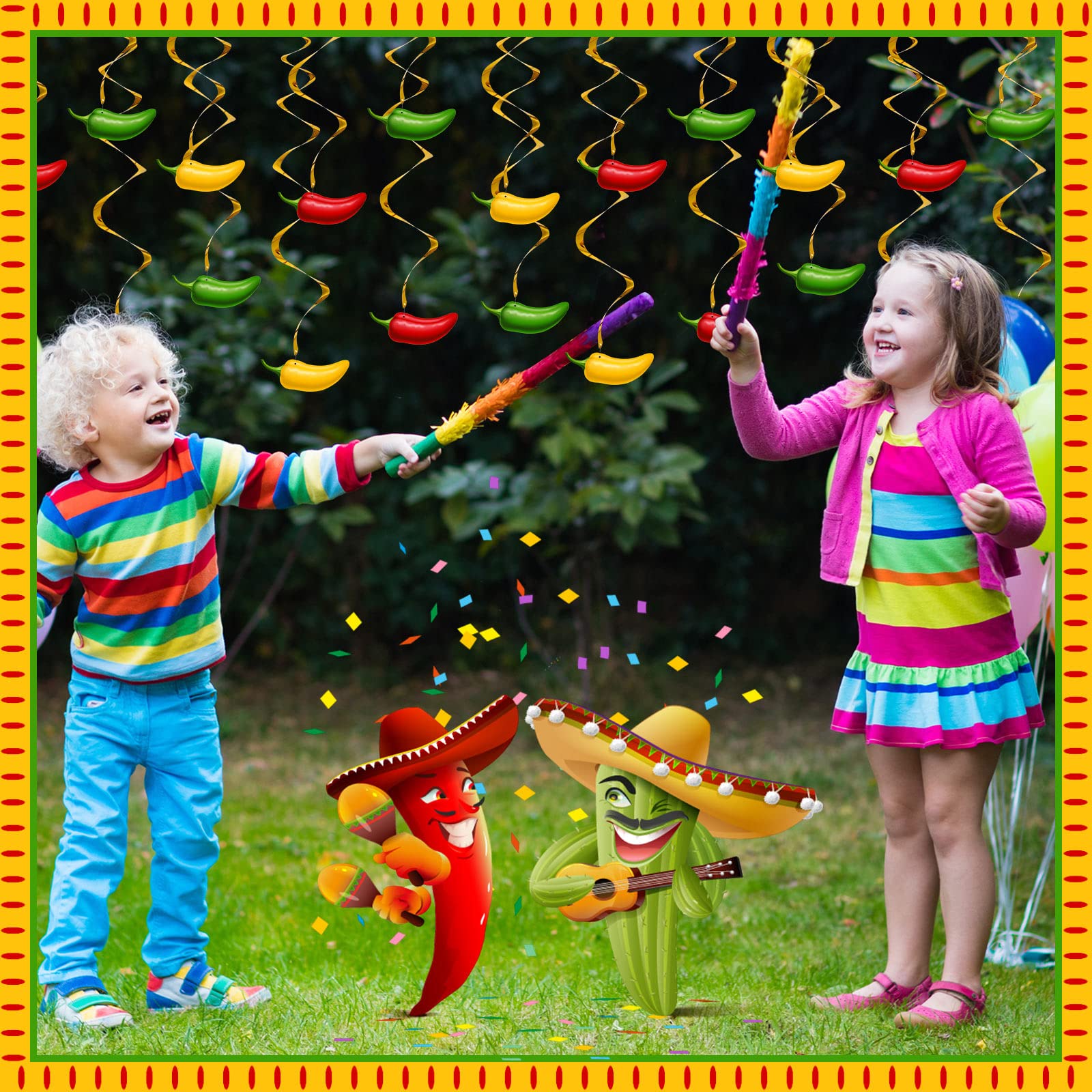 30 Pieces Chili Pepper Whirls Cinco de Mayo Pepper Decorations for Fiesta Party Mexico Spiral Hanging Party Streamers for Decor Mexican Party Accessories (Red, Yellow, Green)