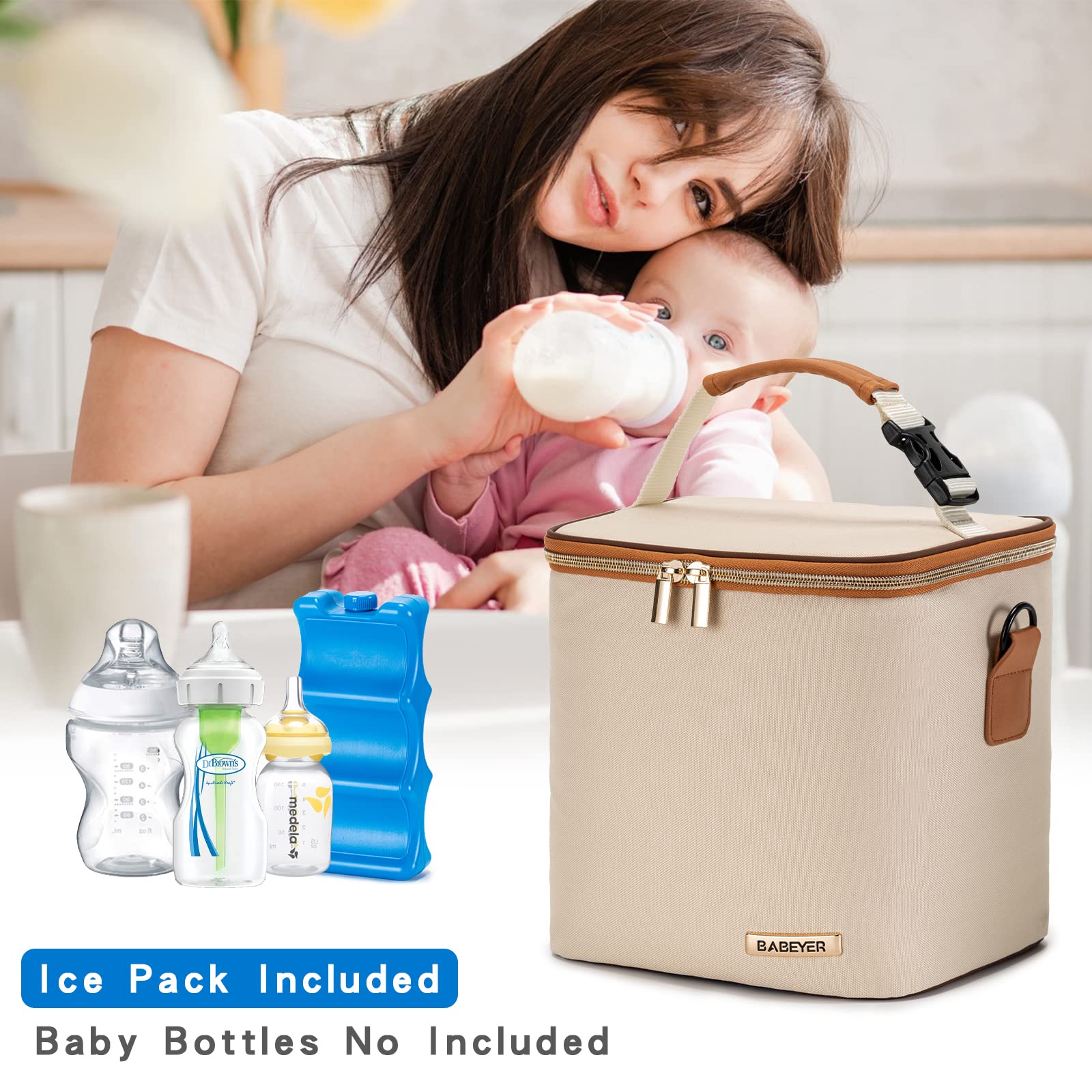 BABEYER Breastmilk Cooler Bag with Ice Pack Fits 6 Baby Bottles Up to 9 Ounce, Baby Bottle Bag with Shoulder Strap for Nursing Mom Daycare, Cream