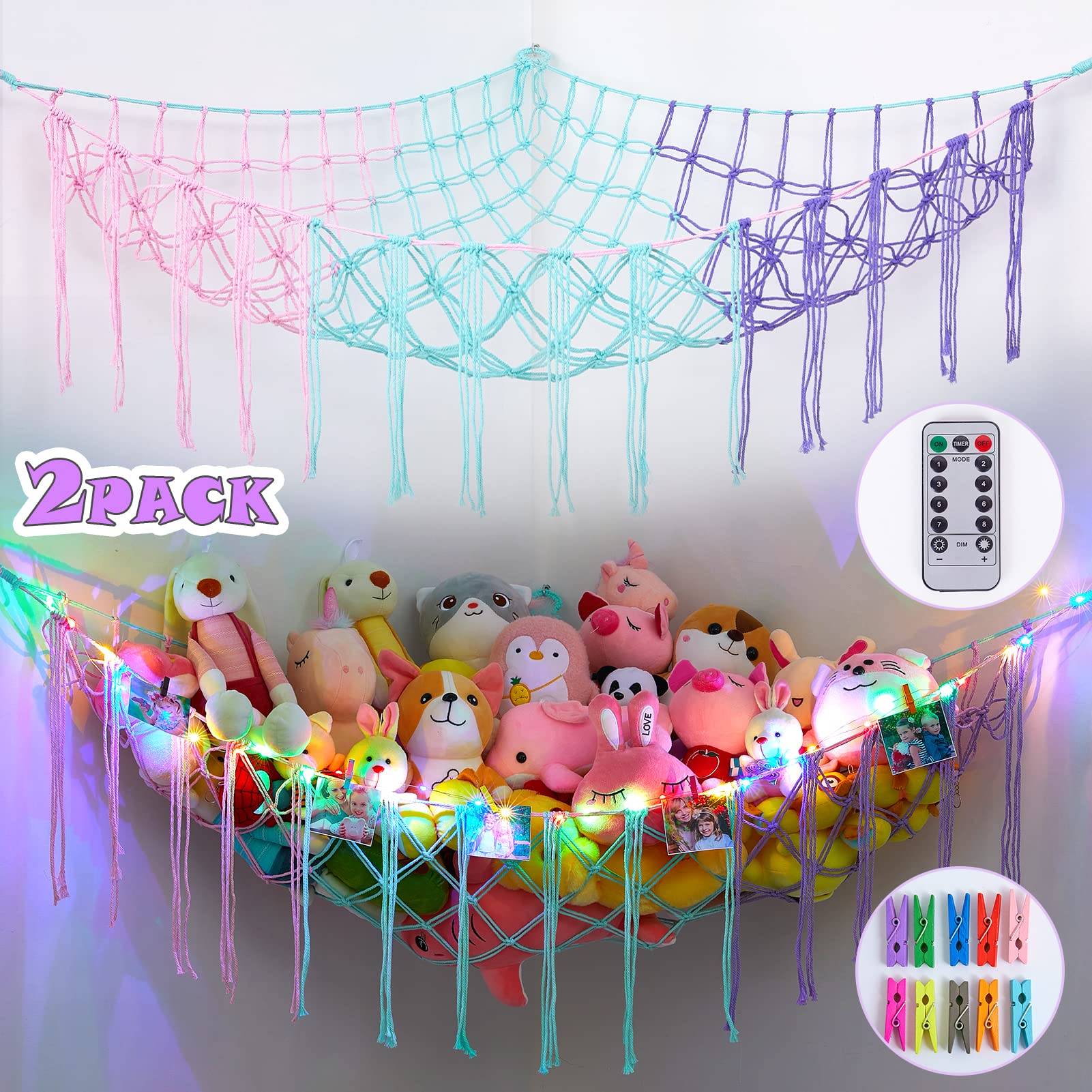 Beinou Stuffed Animals Net Or Hammock 2Pcs Stuffed Animals Storage With Led Lights Hanging Plush Toy Hammock Corner Toy Storage For Kids Playroom Nursery Decor