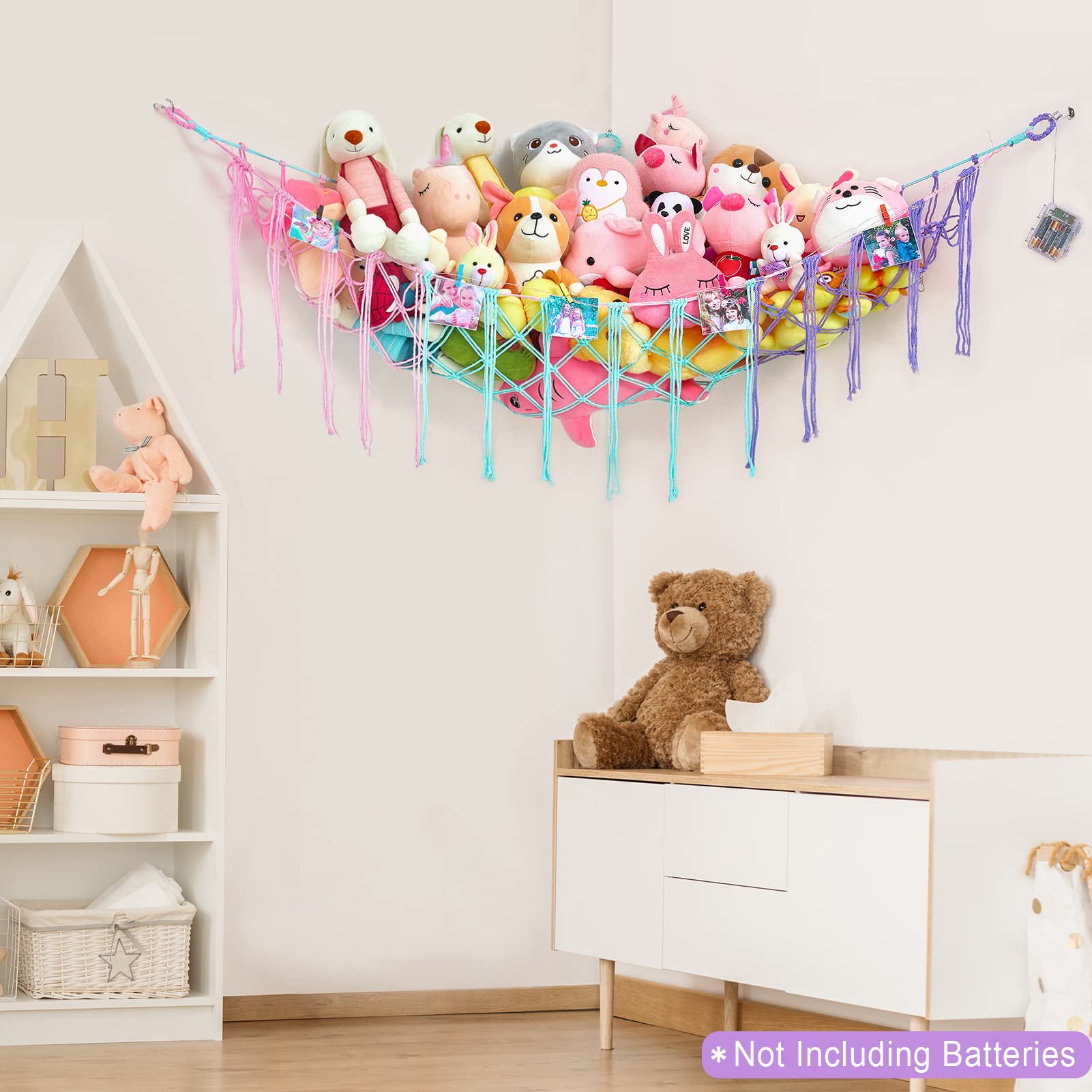 Beinou Stuffed Animals Net Or Hammock 2Pcs Stuffed Animals Storage With Led Lights Hanging Plush Toy Hammock Corner Toy Storage For Kids Playroom Nursery Decor