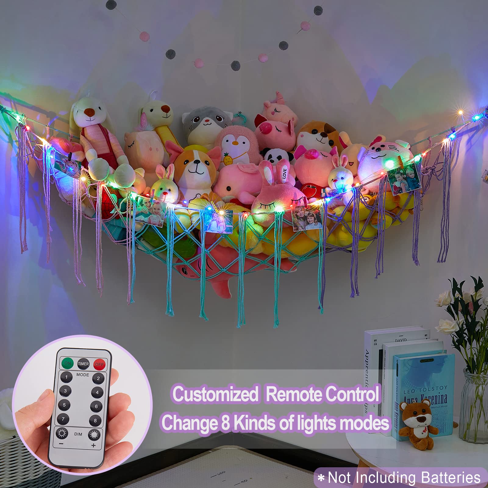 Beinou Stuffed Animals Net Or Hammock 2Pcs Stuffed Animals Storage With Led Lights Hanging Plush Toy Hammock Corner Toy Storage For Kids Playroom Nursery Decor