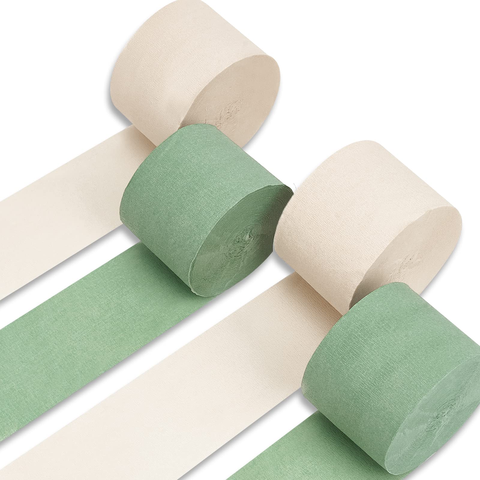 PartyWoo Crepe Paper Streamers 4 Rolls 328ft, Pack of Sage Green and Ivory Crepe Paper for Party Decorations, Wedding Decoration, Birthday Decorations, Baby Shower Decorations (1.8 Inch x 82 Ft/Roll)