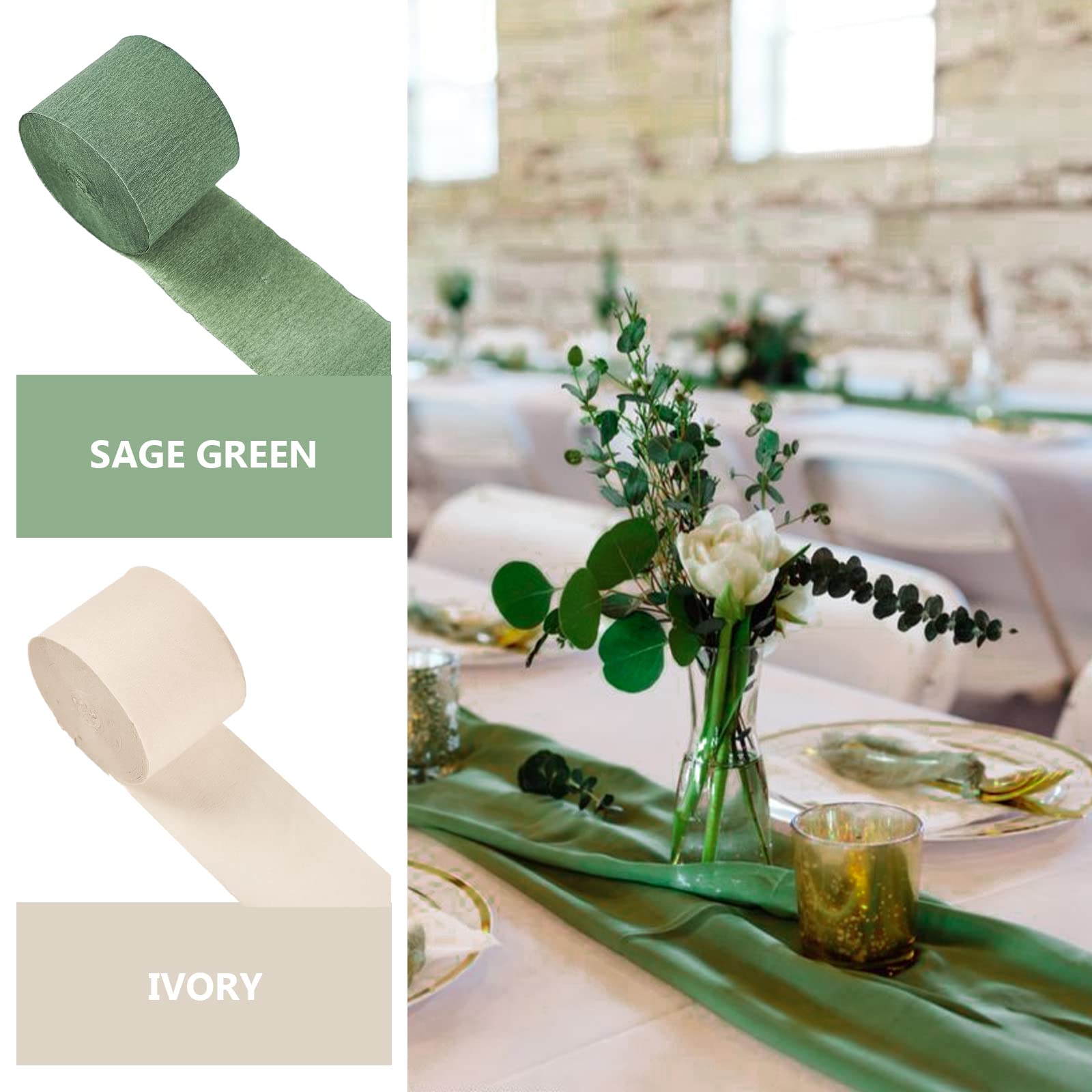 PartyWoo Crepe Paper Streamers 4 Rolls 328ft, Pack of Sage Green and Ivory Crepe Paper for Party Decorations, Wedding Decoration, Birthday Decorations, Baby Shower Decorations (1.8 Inch x 82 Ft/Roll)