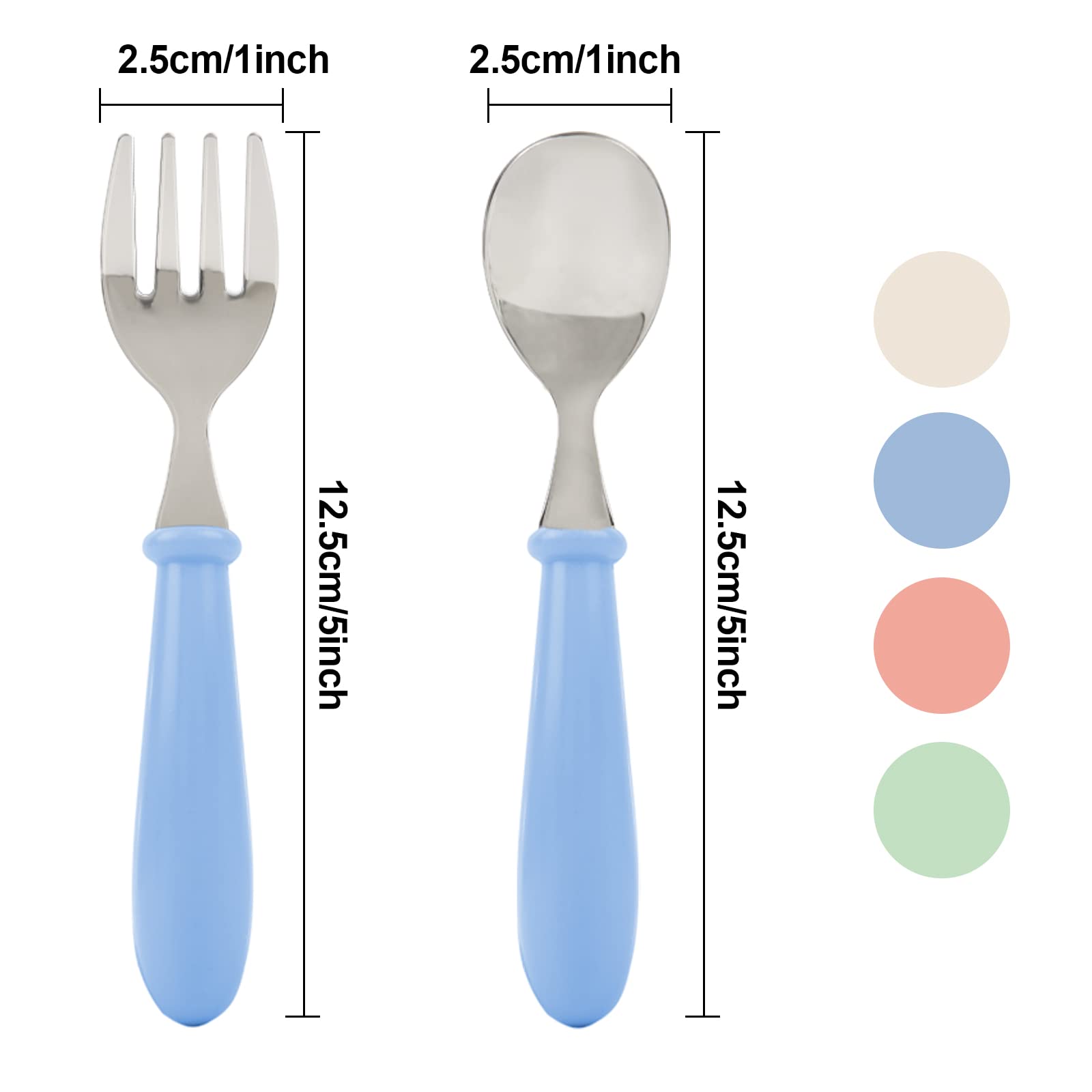 16 Pieces Toddler Fork and Spoon Silverware Set Stainless Steel Baby Utensils Round Handle & Tines for Safe Baby Toddler Self Feeding