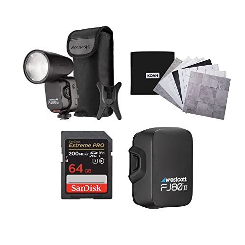 Westcott FJ80 II S Touchscreen 80Ws Speedlight with Sony Camera Mount Bundle with Lithium Polymer Battery, Photography Backdrop Boards, and Extreme PRO 200MB/s 64 GB SDXC UHS-I Memory Card (4 Items)