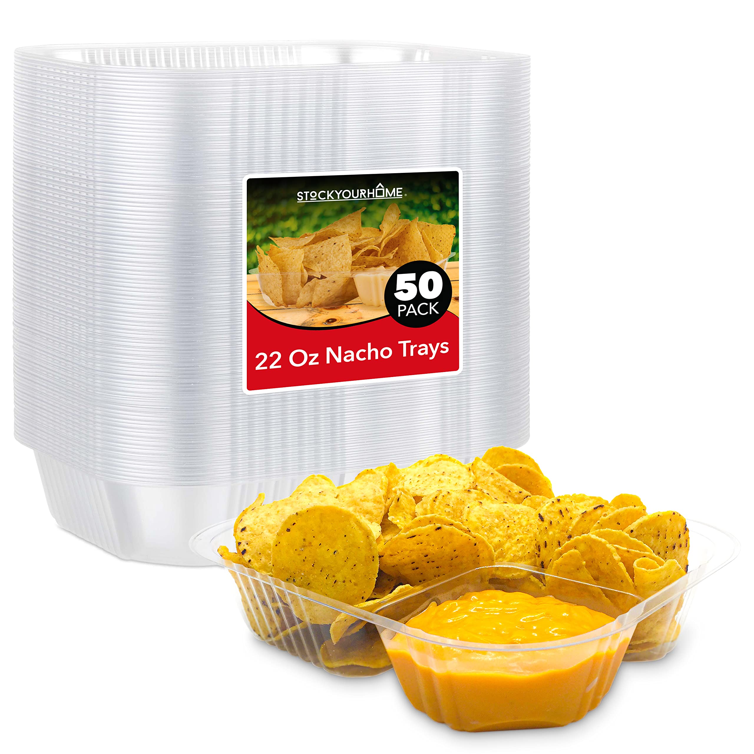 22oz Plastic Nacho Trays (50 Pack) Large Disposable Tray for Nachos & Cheese Dip, Concession Stand Supplies, Movie Night Snacks for Kids, Carnival Party Decorations, Food Boats, Snack Containers