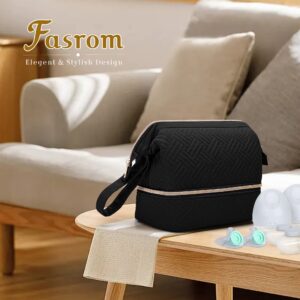 Fasrom Wearable Breast Pump Bag Compatible with Elvie Pumps and Medela Pump in Style, Double Layer Carrying Case with Waterproof Mat and Insulated Pockets, Black (Patent Design)