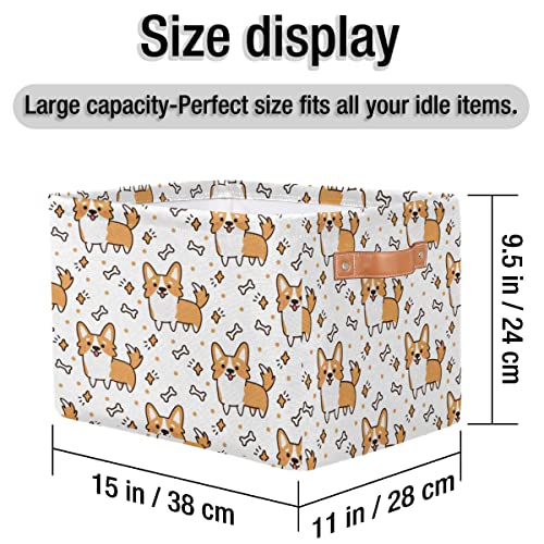 Storage Basket Bin, Dog Corgi Bones Stars Large Collapsible Storage Cube Box with Handle Durable Waterproof Closet Shelf Organizer for Toy Nursery Bedroom Laundry Basket, 1 Pcs