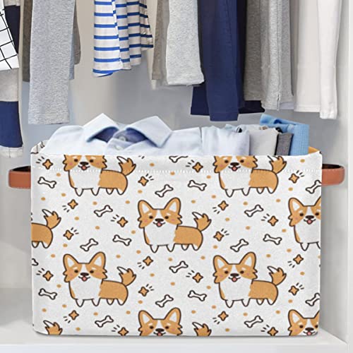 Storage Basket Bin, Dog Corgi Bones Stars Large Collapsible Storage Cube Box with Handle Durable Waterproof Closet Shelf Organizer for Toy Nursery Bedroom Laundry Basket, 1 Pcs