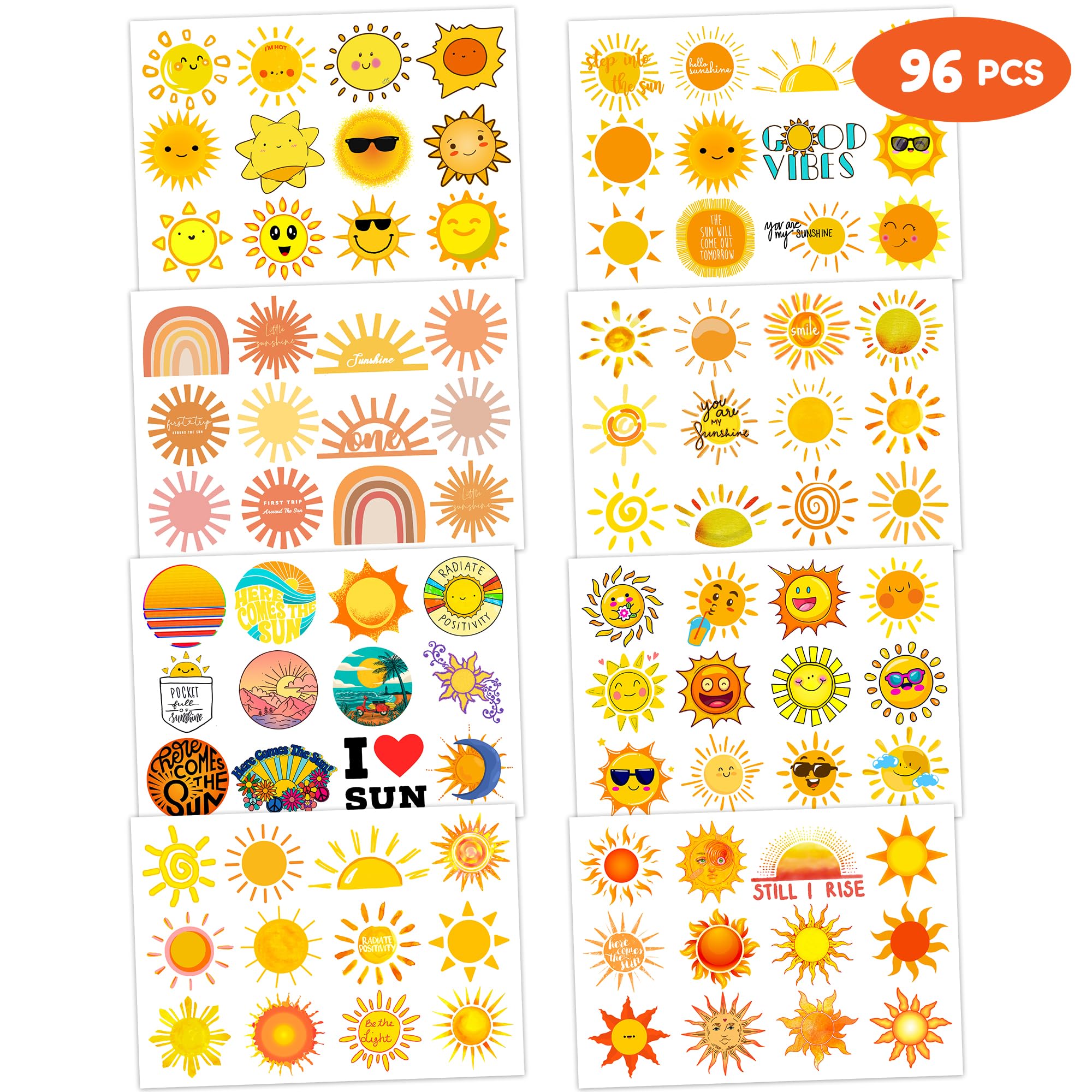 Sun Tattoo Temporary Tattoos Theme Birthday Party Decorations Supplies Favors Cute Stickers 8 Sheets 96 PCS Gifts for Kids Boys Girls Classroom Rewards Prizes Christmas