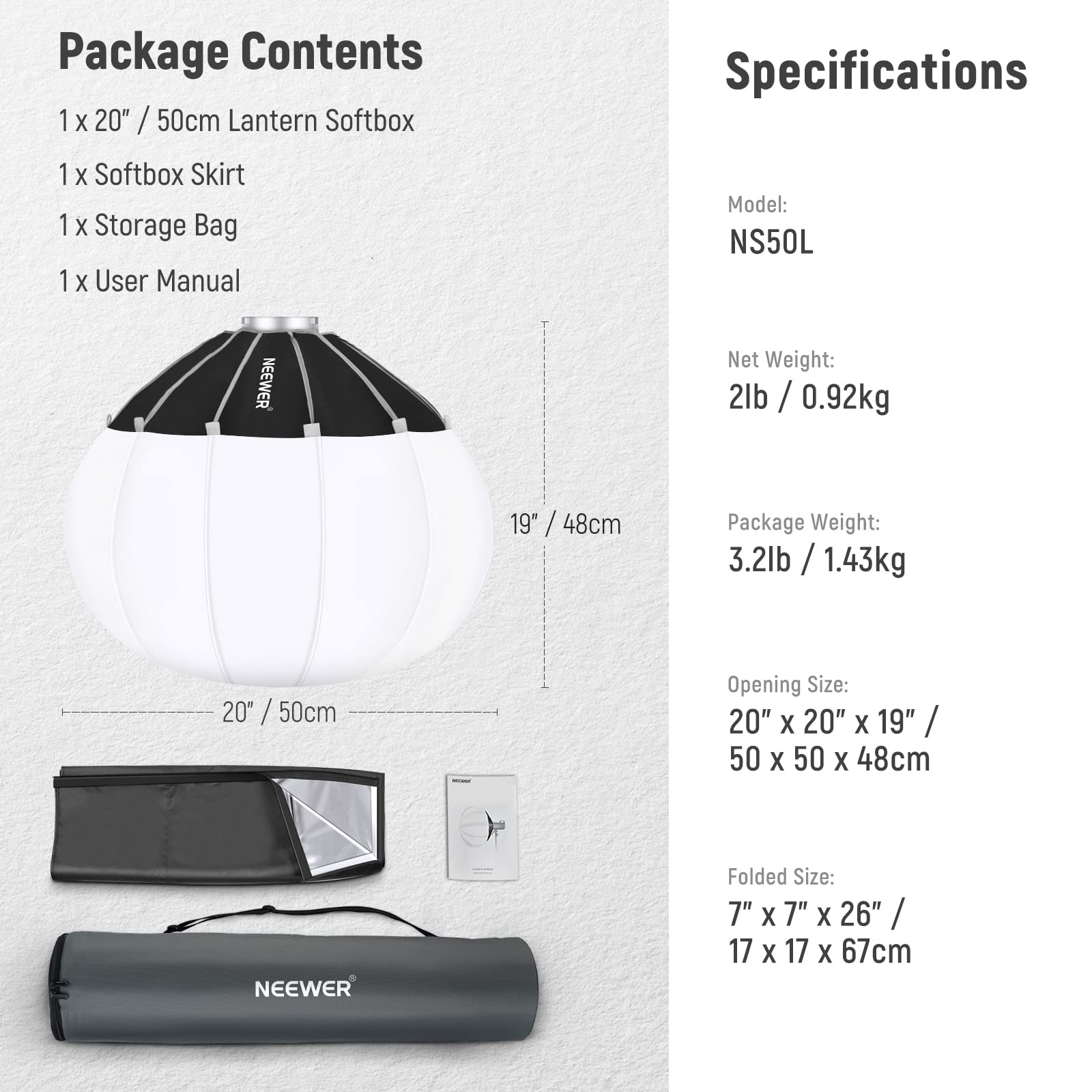 NEEWER 20"/50cm Lantern Softbox One Step Quick Release, 360° Light Diffuser with Skirt, Bowens Mount for Video Light CB60 CB100 CB150 Compatible with Aputure Light 600d Amaran 60x Godox SL60W, NS50L