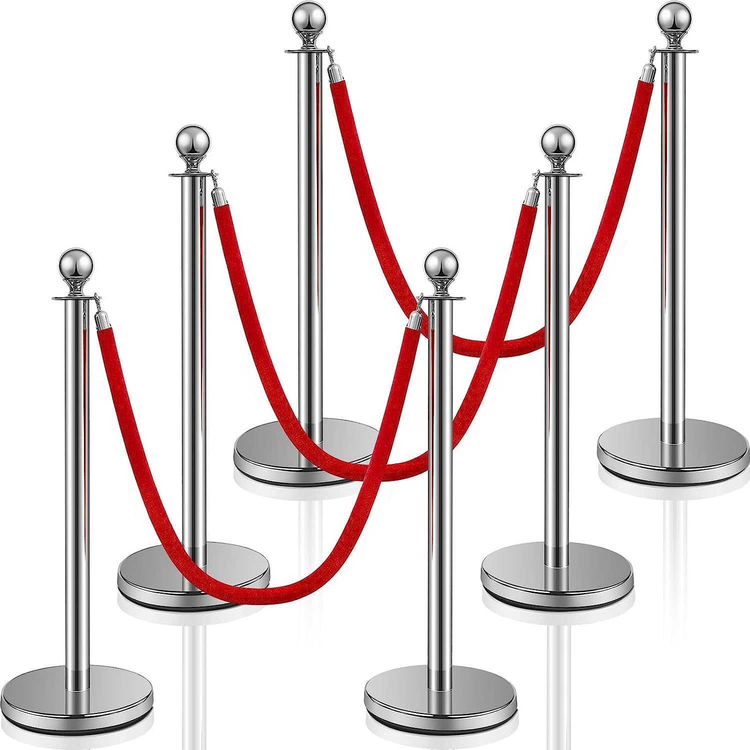 Stainless Steel Stanchion Post Queue 5 ft Red Velvet Rope Red Carpet Ropes and Poles Crowd Control Barriers Sand Injection Hollow Base and Velvet Ropes Set for Party Supplies (4 Pieces, Silver)