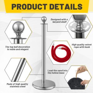 Stainless Steel Stanchion Post Queue 5 ft Red Velvet Rope Red Carpet Ropes and Poles Crowd Control Barriers Sand Injection Hollow Base and Velvet Ropes Set for Party Supplies (4 Pieces, Silver)