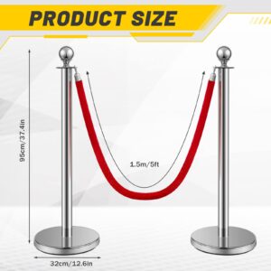 Stainless Steel Stanchion Post Queue 5 ft Red Velvet Rope Red Carpet Ropes and Poles Crowd Control Barriers Sand Injection Hollow Base and Velvet Ropes Set for Party Supplies (4 Pieces, Silver)