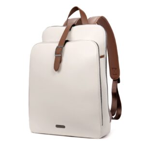 cluci leather laptop backpack for women 15.6 inch computer backpack purse travel backpack work bag daypack beige with brown