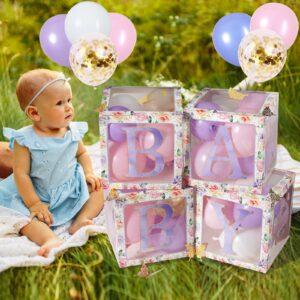 Spring Butterfly Baby Shower Boxes Decorations for Girl, Pink Baby Balloon Boxes with Letters and Light for Baby Shower Gender Reveal Party Supplies, Baby Blocks for 1st Birthday Party Decorations