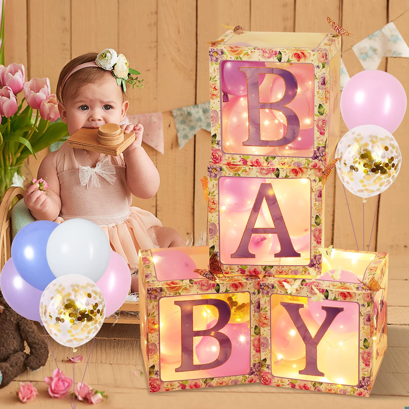 Spring Butterfly Baby Shower Boxes Decorations for Girl, Pink Baby Balloon Boxes with Letters and Light for Baby Shower Gender Reveal Party Supplies, Baby Blocks for 1st Birthday Party Decorations