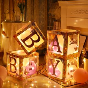 Spring Butterfly Baby Shower Boxes Decorations for Girl, Pink Baby Balloon Boxes with Letters and Light for Baby Shower Gender Reveal Party Supplies, Baby Blocks for 1st Birthday Party Decorations