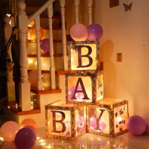 Spring Butterfly Baby Shower Boxes Decorations for Girl, Pink Baby Balloon Boxes with Letters and Light for Baby Shower Gender Reveal Party Supplies, Baby Blocks for 1st Birthday Party Decorations