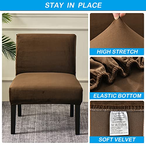 OBCREAT Armless Accent Chair Cover,High Stretch Slipper Chair Slipcovers Soft Velvet Armless Chair Covers with Elastic Bottom Plush Furniture Protector Cover for Living Room Home Hotel (Brown)