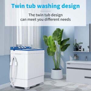 Portable Washing Machine 26lbs Capacity, Mini Twin Tub Washer Compact Laundry Machine with Built-in Drain Pump, Semi-Automatic Laundry Washer 18lbs Washer 8lbs Spinner for Dorms, Apartments, RVs