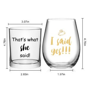 DAZLUTE I Said Yes That's What She Said Stemless Wine Glass and Whiskey Glass, Engagement Gifts Wedding Gifts Valentine’s Day Gifts Bridal Shower Gifts for Couples Him Her Newlyweds Fiance Fiancee