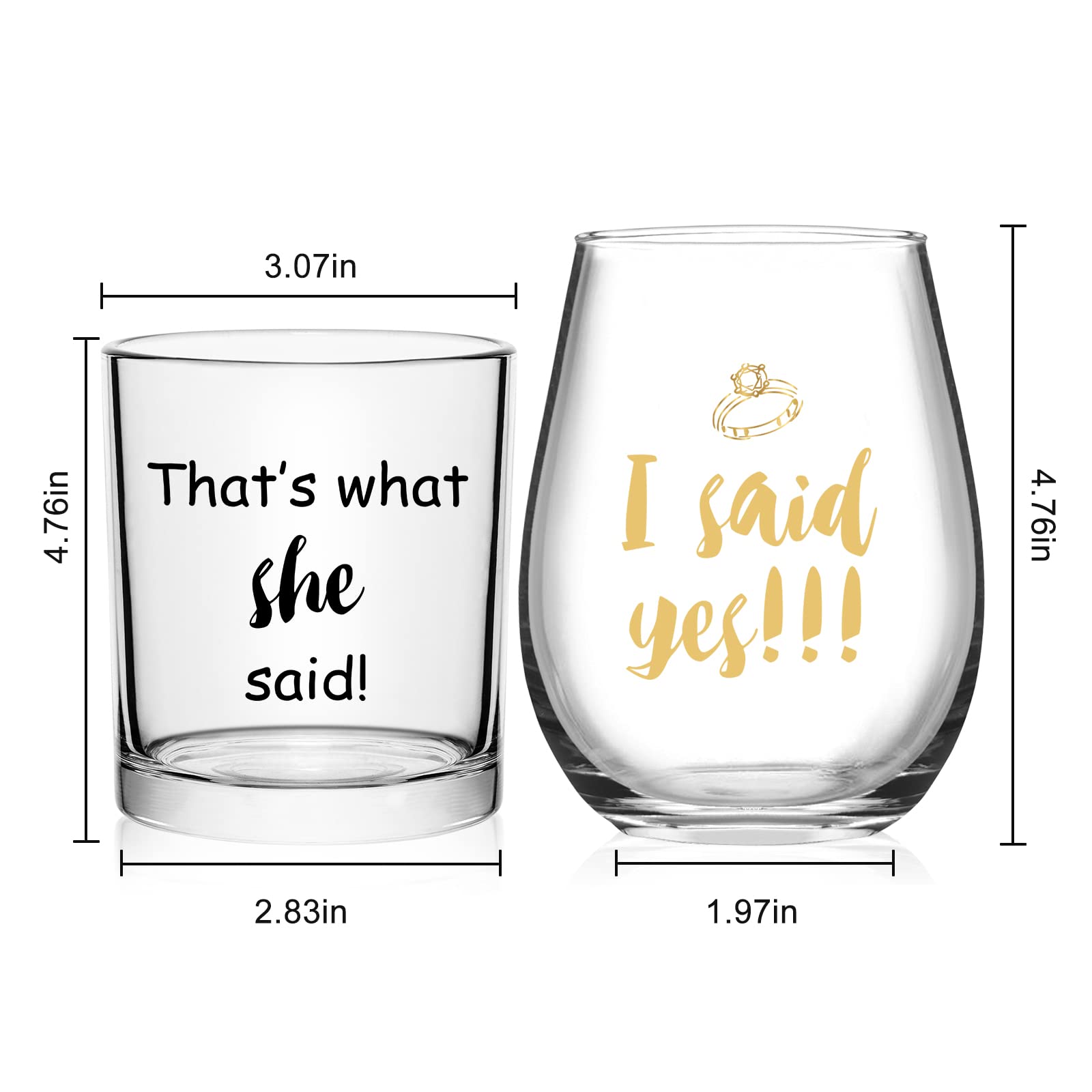 DAZLUTE I Said Yes That's What She Said Stemless Wine Glass and Whiskey Glass, Engagement Gifts Wedding Gifts Valentine’s Day Gifts Bridal Shower Gifts for Couples Him Her Newlyweds Fiance Fiancee