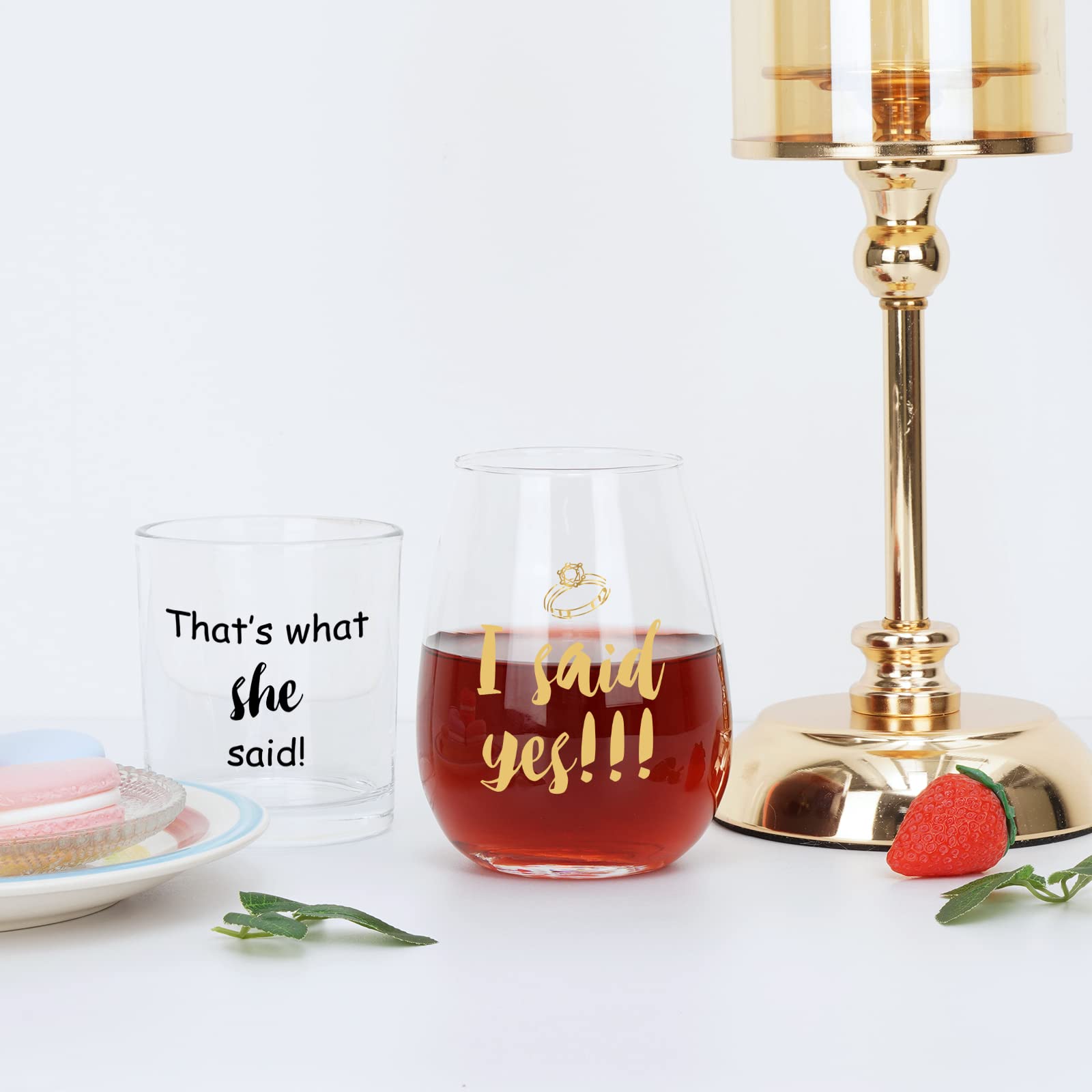 DAZLUTE I Said Yes That's What She Said Stemless Wine Glass and Whiskey Glass, Engagement Gifts Wedding Gifts Valentine’s Day Gifts Bridal Shower Gifts for Couples Him Her Newlyweds Fiance Fiancee