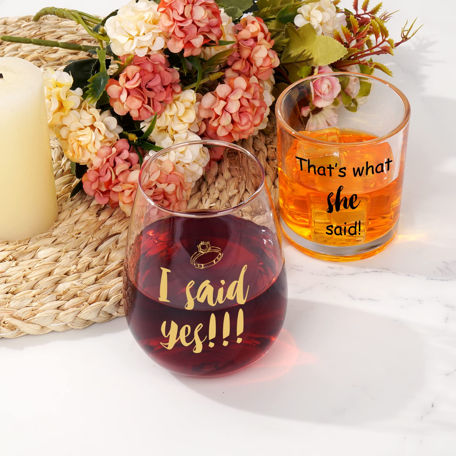 DAZLUTE I Said Yes That's What She Said Stemless Wine Glass and Whiskey Glass, Engagement Gifts Wedding Gifts Valentine’s Day Gifts Bridal Shower Gifts for Couples Him Her Newlyweds Fiance Fiancee