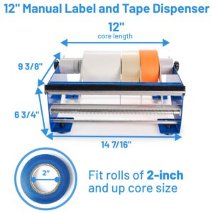 IDL Packaging 12" Manual Label and Tape Dispenser, 2" and Up Core Size, Adjustable Roll Width - Tabletop & Wall-Mounted Multi Roll Holder - Industrial Grade Steel Construction