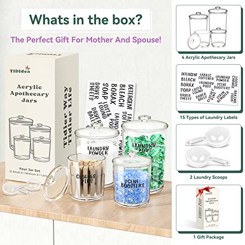 TIDIdea 4 Pack Laundry Room Organization Jars - Laundry Storage Containers with Labels & Scoops Hold Pods, Powder, Scent Booster, Beads, Soap, Detergent - Great Laundry Organizer - Clear Acrylic