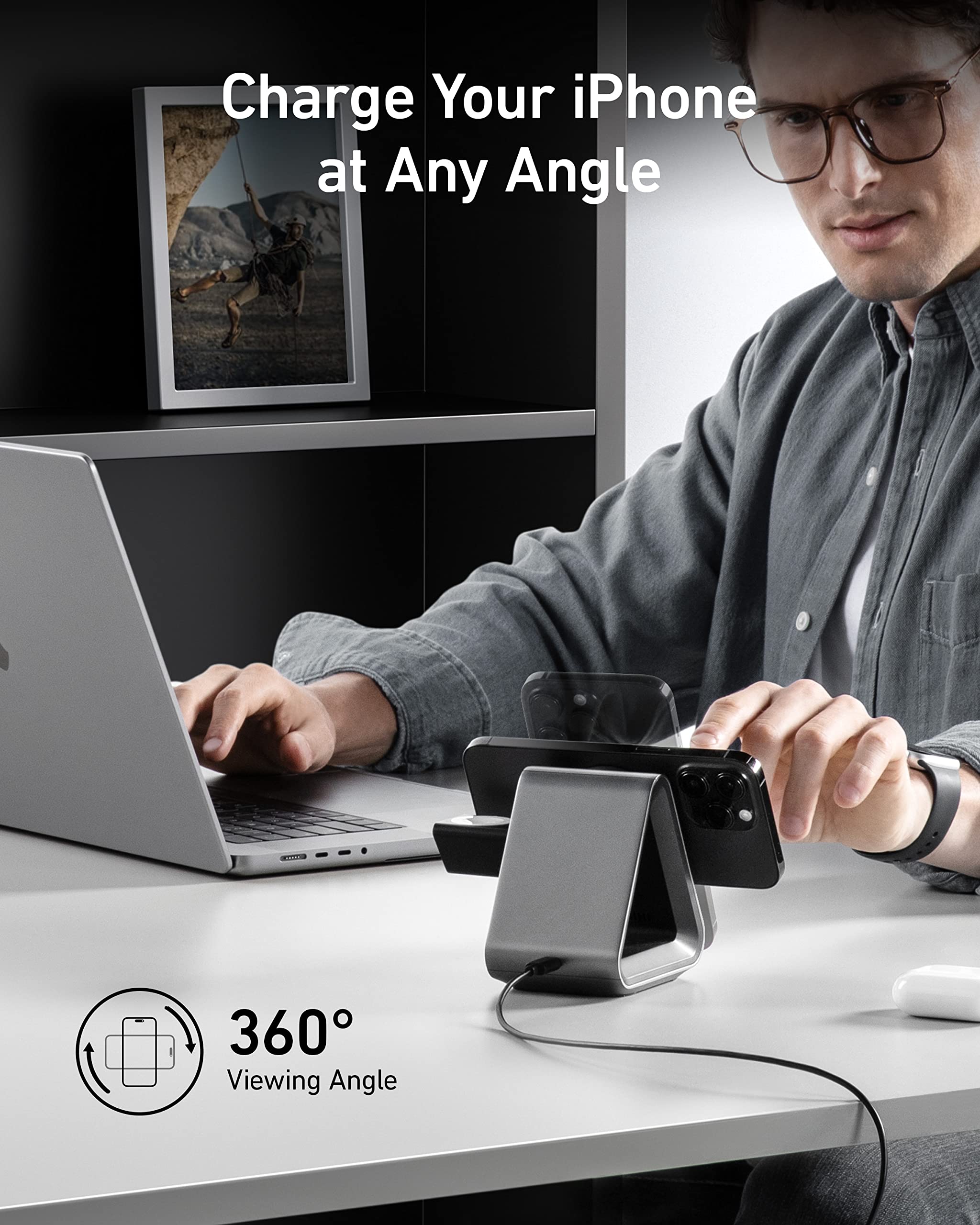 Anker MagSafe Charger Stand, 737 MagGo Charger, 3-in-1 Charging Stand with MFi-Certified 15W Max Fast Charging, iPhone 15/14/13/12 Series, Apple Watch S8/7/6, AirPods, 30W USB-C Charger Included