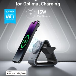 Anker MagSafe Charger Stand, 737 MagGo Charger, 3-in-1 Charging Stand with MFi-Certified 15W Max Fast Charging, iPhone 15/14/13/12 Series, Apple Watch S8/7/6, AirPods, 30W USB-C Charger Included