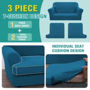 GAMUKAI Fleece T Cushion Loveseat Sofa Slipcover 3 Pieces Sofa Covers for T Cushion Couch Cover Sofa Slip Covers Furniture Protector with 2 Individual Cushion (Peacock Blue, Loveseat X-Large)