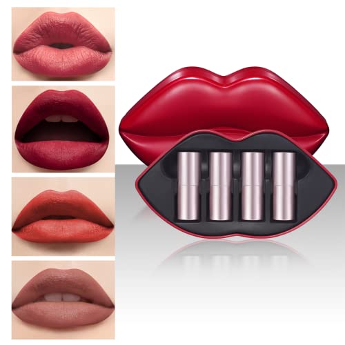 CARSLAN 4pcs Lustrous Lipstick Red Lip Gift Box Cream Finish Long-Lasting Hydrating Lipstick Non-Sticky for Women