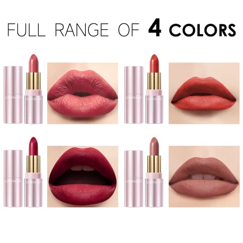 CARSLAN 4pcs Lustrous Lipstick Red Lip Gift Box Cream Finish Long-Lasting Hydrating Lipstick Non-Sticky for Women