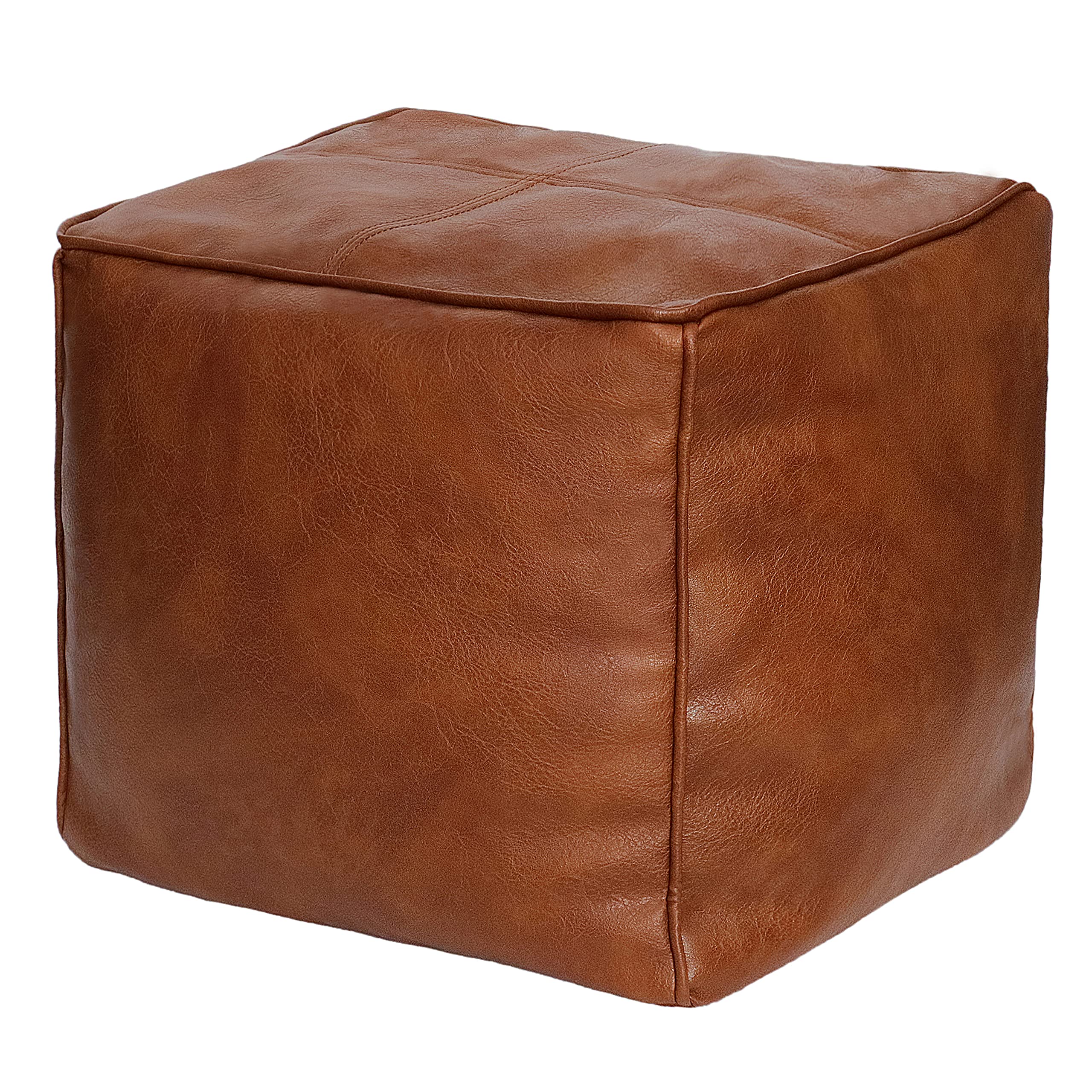 Thgonwid Unstuffed Handmade Cube Pouf Faux Leather Ottoman Cover, Square Pouffe Footstool Storage Stool, Bedroom Living Room, 15.7" H x 16.5" W, Brown