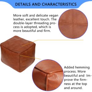 Thgonwid Unstuffed Handmade Cube Pouf Faux Leather Ottoman Cover, Square Pouffe Footstool Storage Stool, Bedroom Living Room, 15.7" H x 16.5" W, Brown