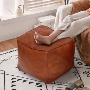 Thgonwid Unstuffed Handmade Cube Pouf Faux Leather Ottoman Cover, Square Pouffe Footstool Storage Stool, Bedroom Living Room, 15.7" H x 16.5" W, Brown