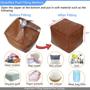 Thgonwid Unstuffed Handmade Cube Pouf Faux Leather Ottoman Cover, Square Pouffe Footstool Storage Stool, Bedroom Living Room, 15.7" H x 16.5" W, Brown