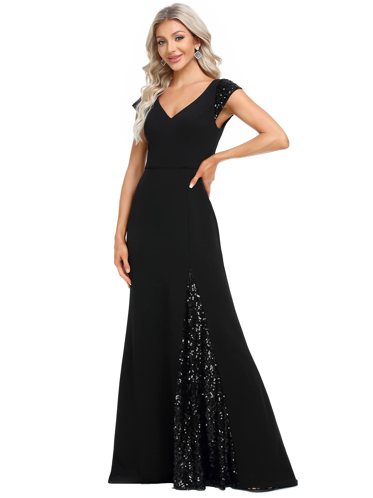 Ever-Pretty Women's Elegant Sequins Short Sleeve V Neck Long Maxi Formal Dresses Black US6