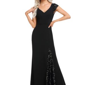 Ever-Pretty Women's Elegant Sequins Short Sleeve V Neck Long Maxi Formal Dresses Black US6