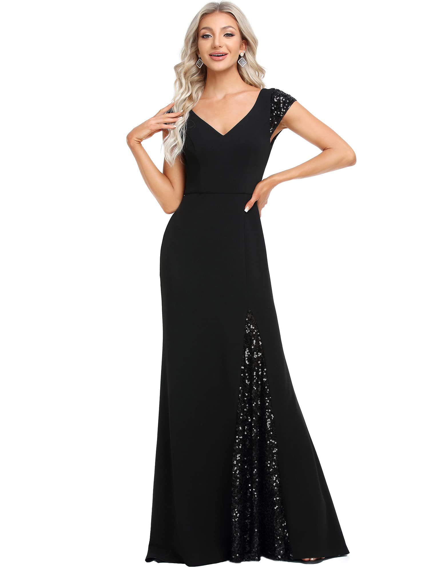 Ever-Pretty Women's Elegant Sequins Short Sleeve V Neck Long Maxi Formal Dresses Black US6