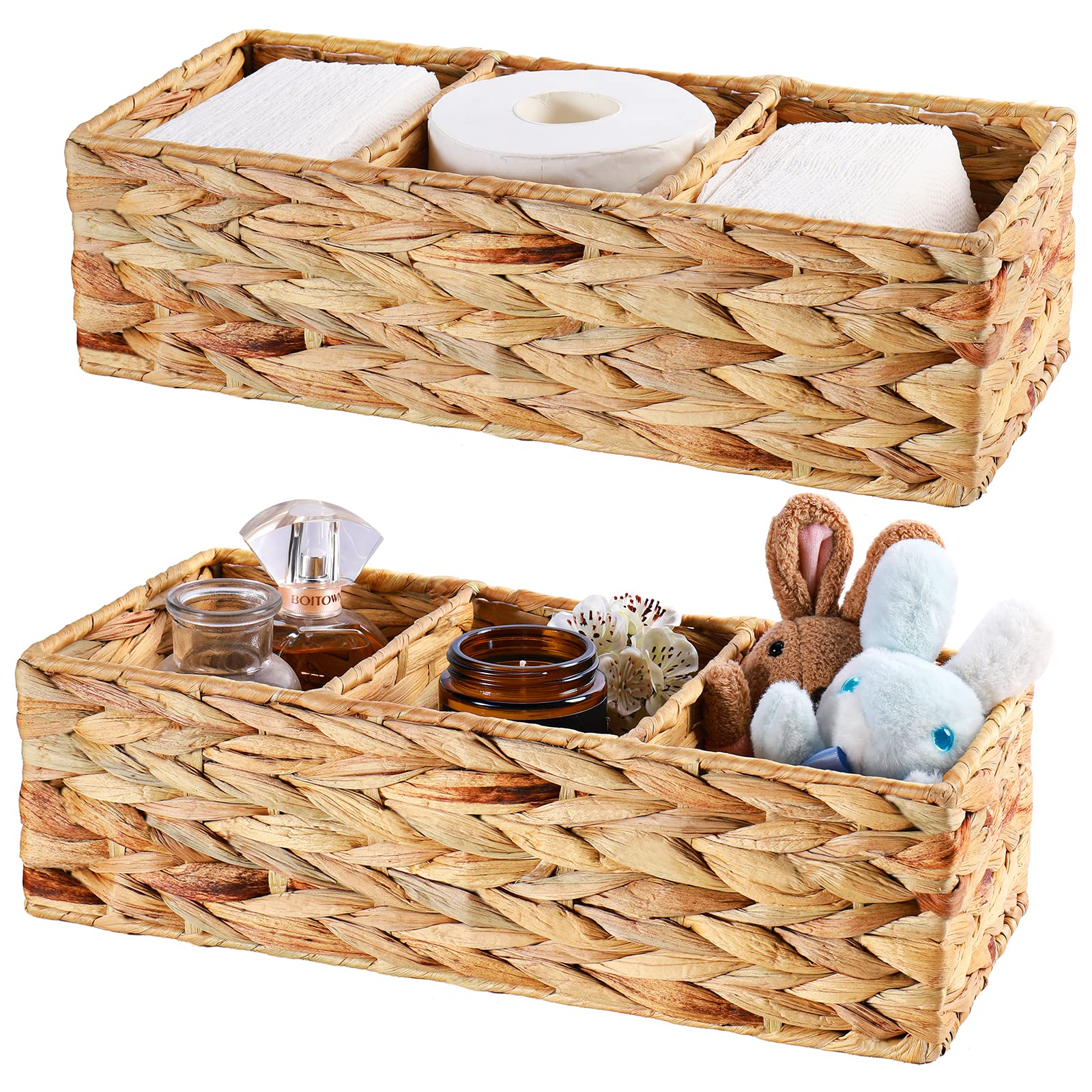 Vagusicc 3-Section Wicker Baskets for Shelves, Hand-Woven Water Hyacinth Wicker Storage Basket, Toilet Paper Basket for Toilet Tank Top, Baskets for Organizing, 2-Pack