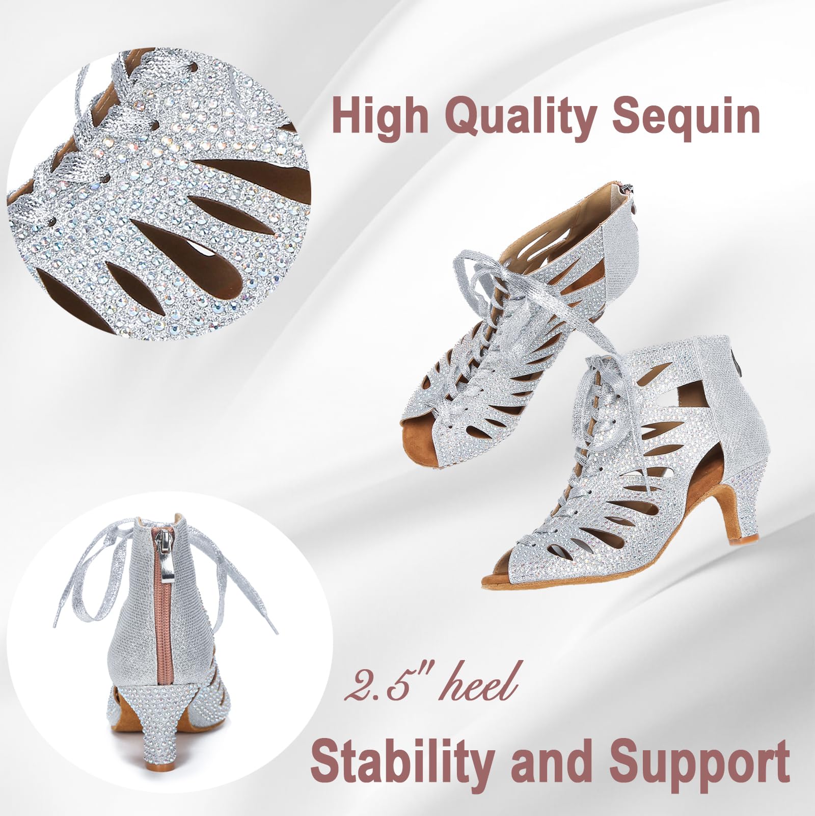 LuiXiu Ballroom Dance Shoes for Social Dancer Beginner 2.5 Inches Lace-Up Latin Swing Practice Dancing Sandals LX04(6,Silver-2.5 Inch Heel)