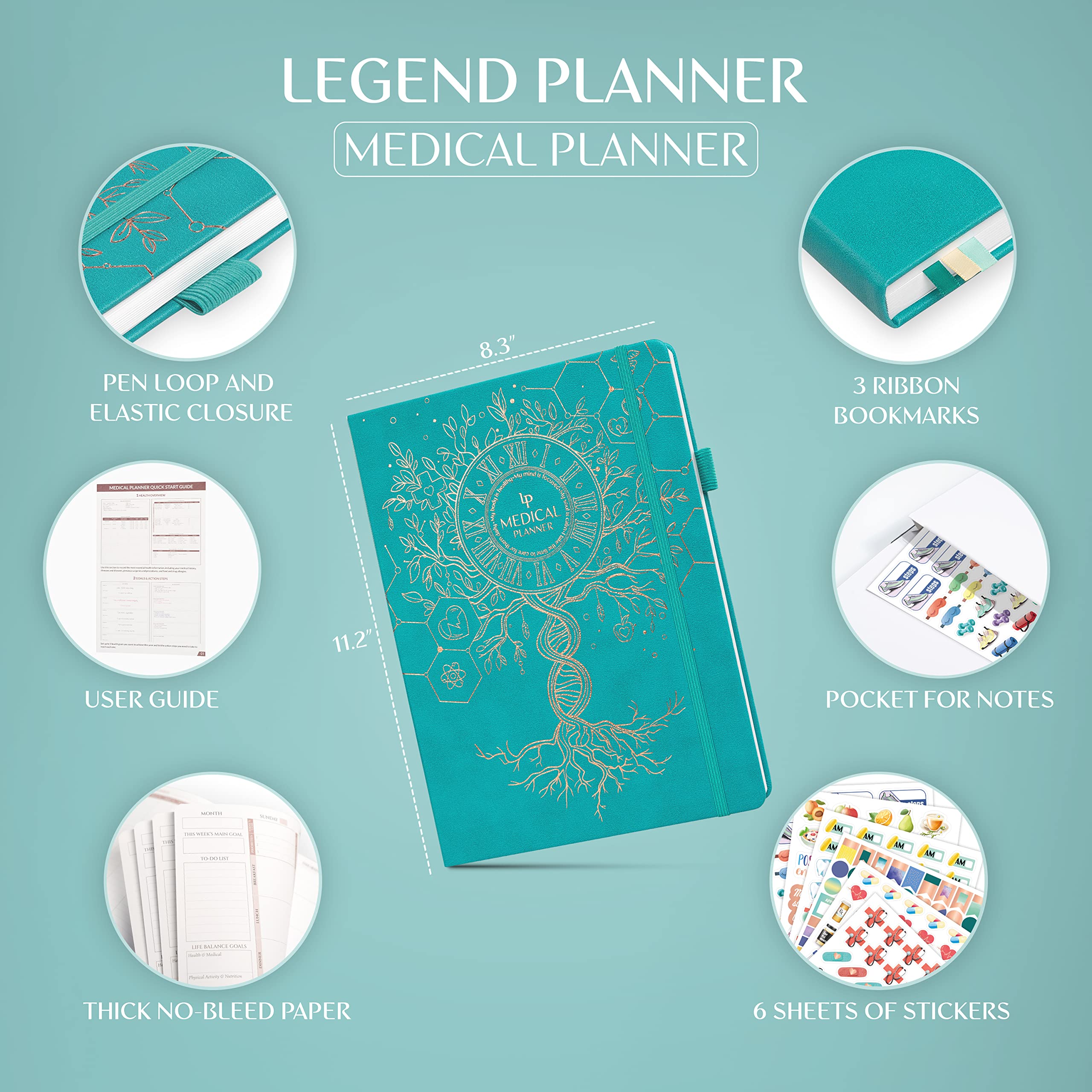 Legend Medical Planner – 12-Month Health Tracker Journal to Track Meals, Symptoms, Blood Pressure, Lab Test Results – Med & Wellness Notebook for Daily Self-Care & Health Goals (Turquoise)