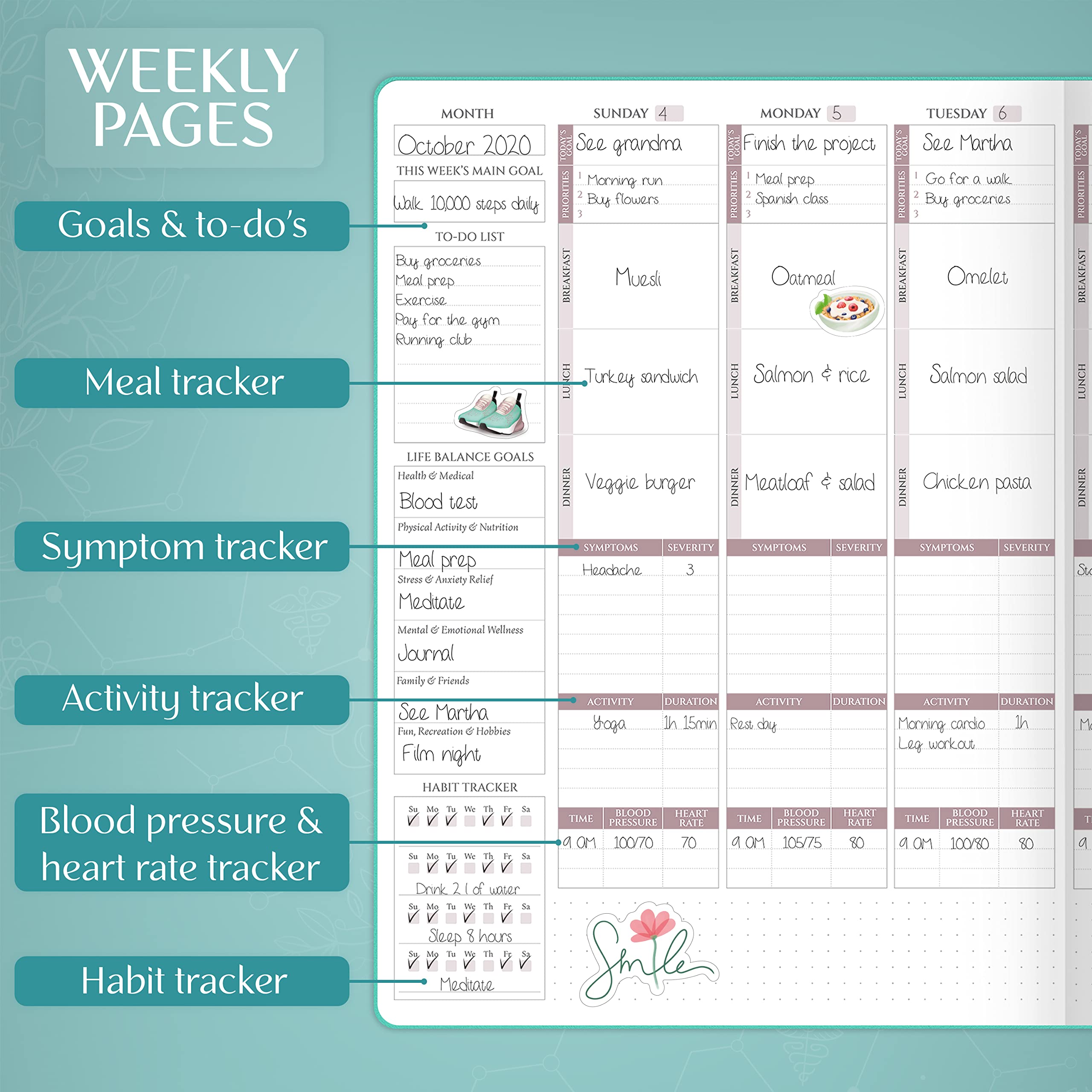 Legend Medical Planner – 12-Month Health Tracker Journal to Track Meals, Symptoms, Blood Pressure, Lab Test Results – Med & Wellness Notebook for Daily Self-Care & Health Goals (Turquoise)