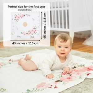 Baby Milestone Blanket | Cotton Muslin Swaddle Blanket | Monthly Photo Mat for Newborn Girl | Cherry Blossom Flowers| Personalised Baby Shower Present for New Mums | Age Mat | Includes Wooden Frames