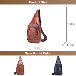 Men's Genuine Leather Sling Bag, Crossbody Shoulder Bag Chest Bag Casual Travel Hiking Sling Backpack with USB Charge Port (Black)